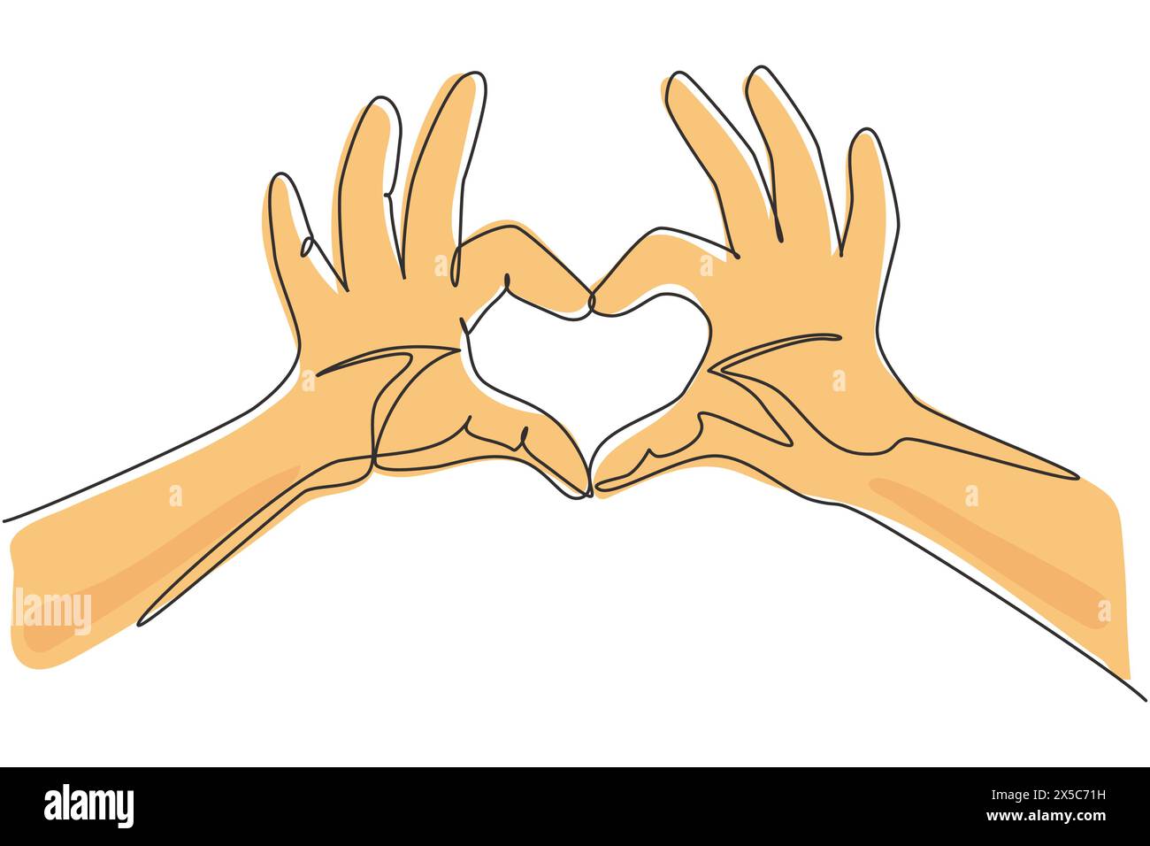 Single one line drawing hands making sign or symbol heart by fingers. Beautiful hands with copy ...