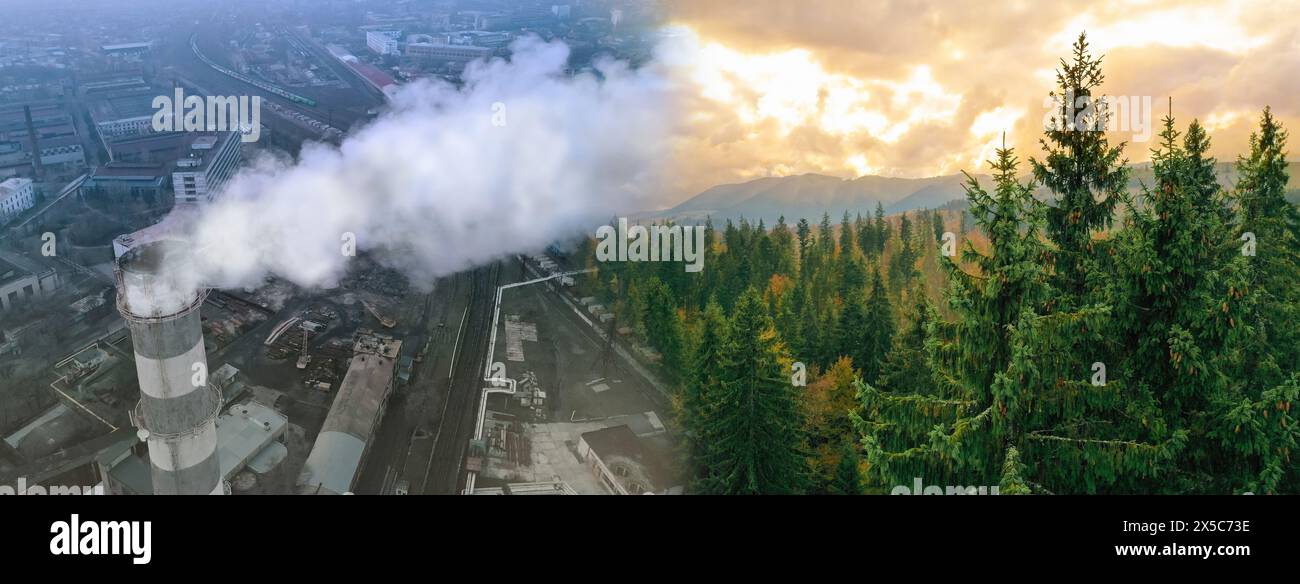 Environmental pollution, banner design. Collage divided into mountain ...