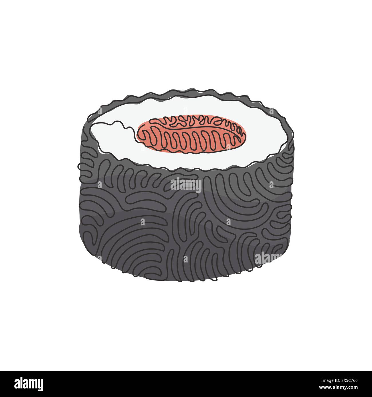Single continuous line drawing sushi roll with salmon or tuna slice ...