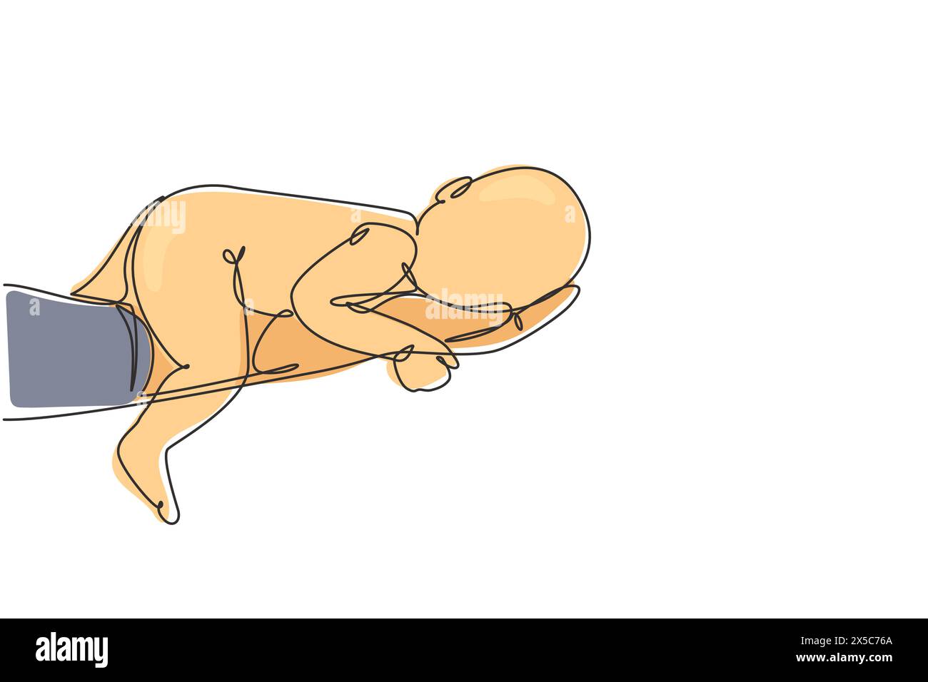 Single one line drawing beautiful new born baby resting on mom's hand ...