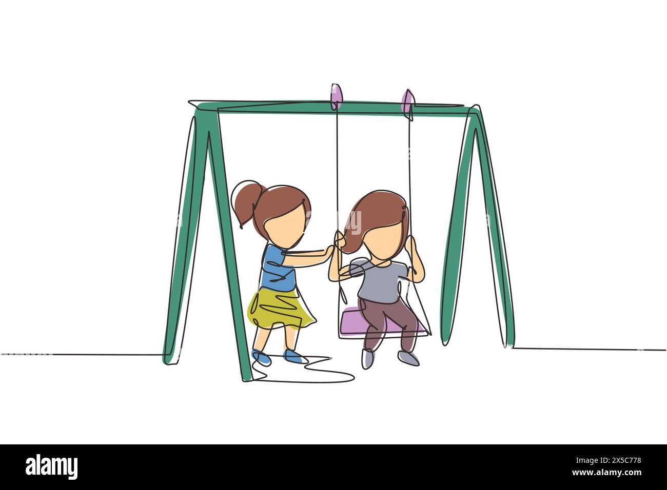 Single one line drawing cute little girl swinging on swing and her ...