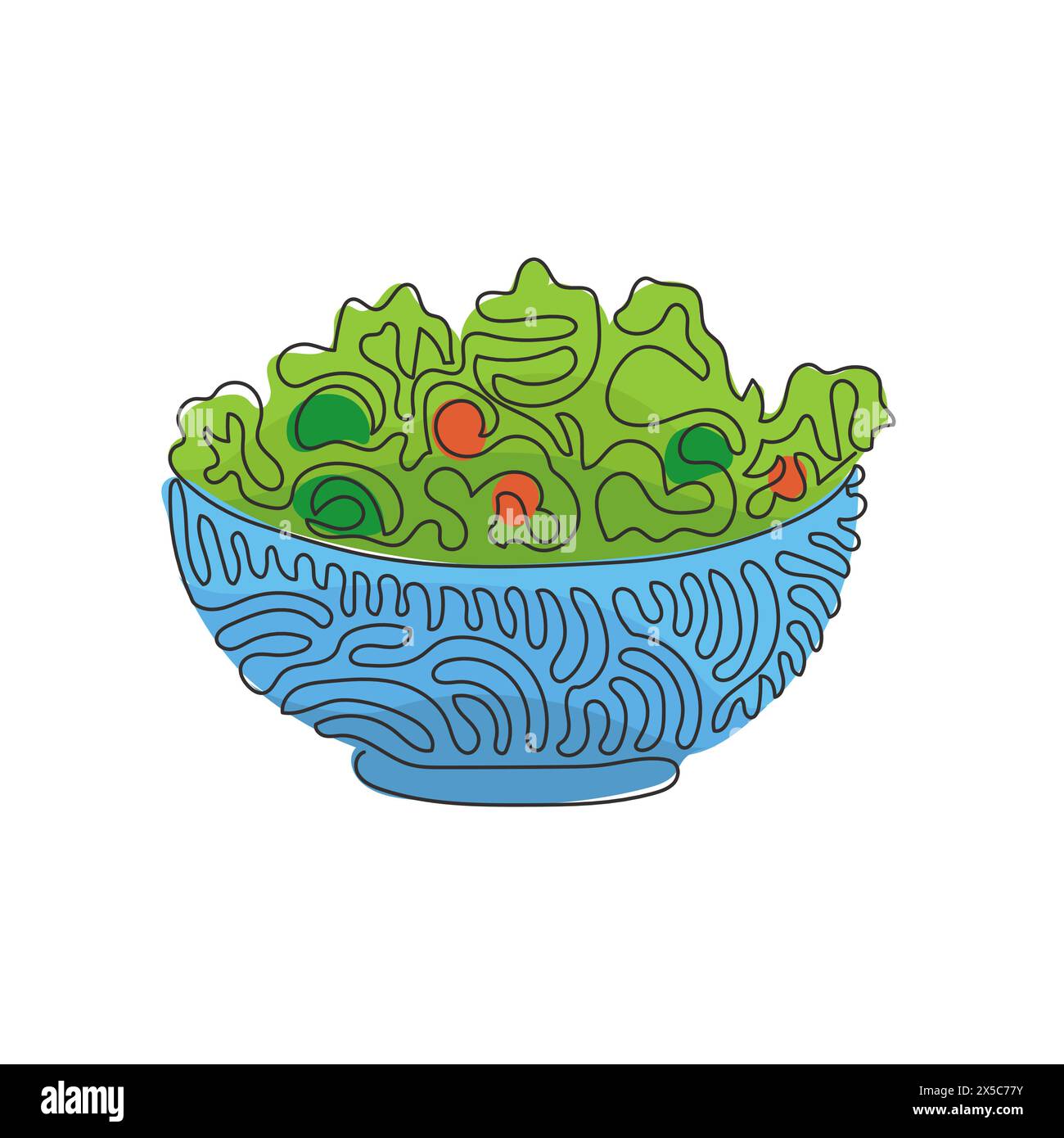 Single one line drawing green salad of fresh vegetables in salad bowl ...
