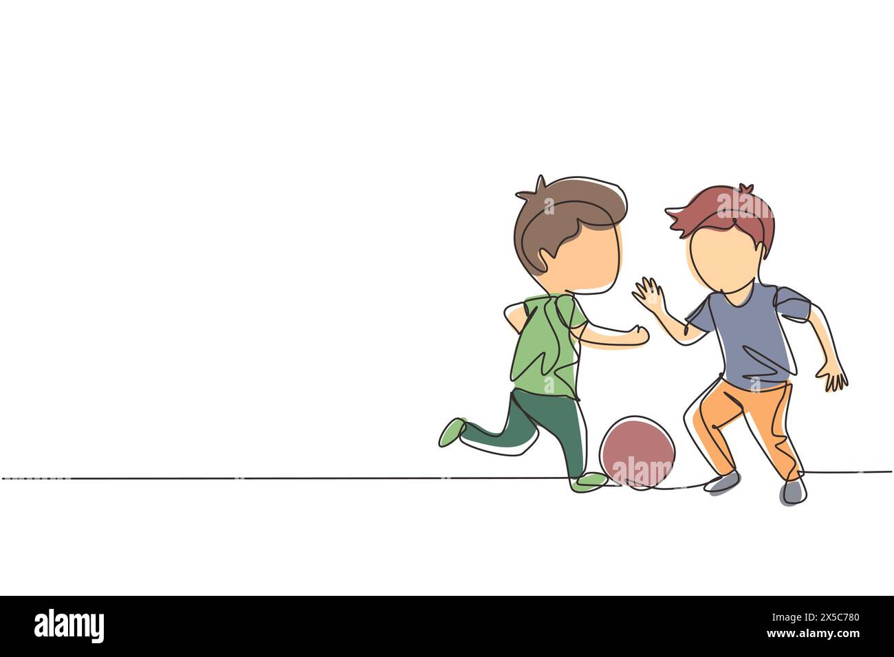 Single one line drawing boys playing football together. Two happy ...