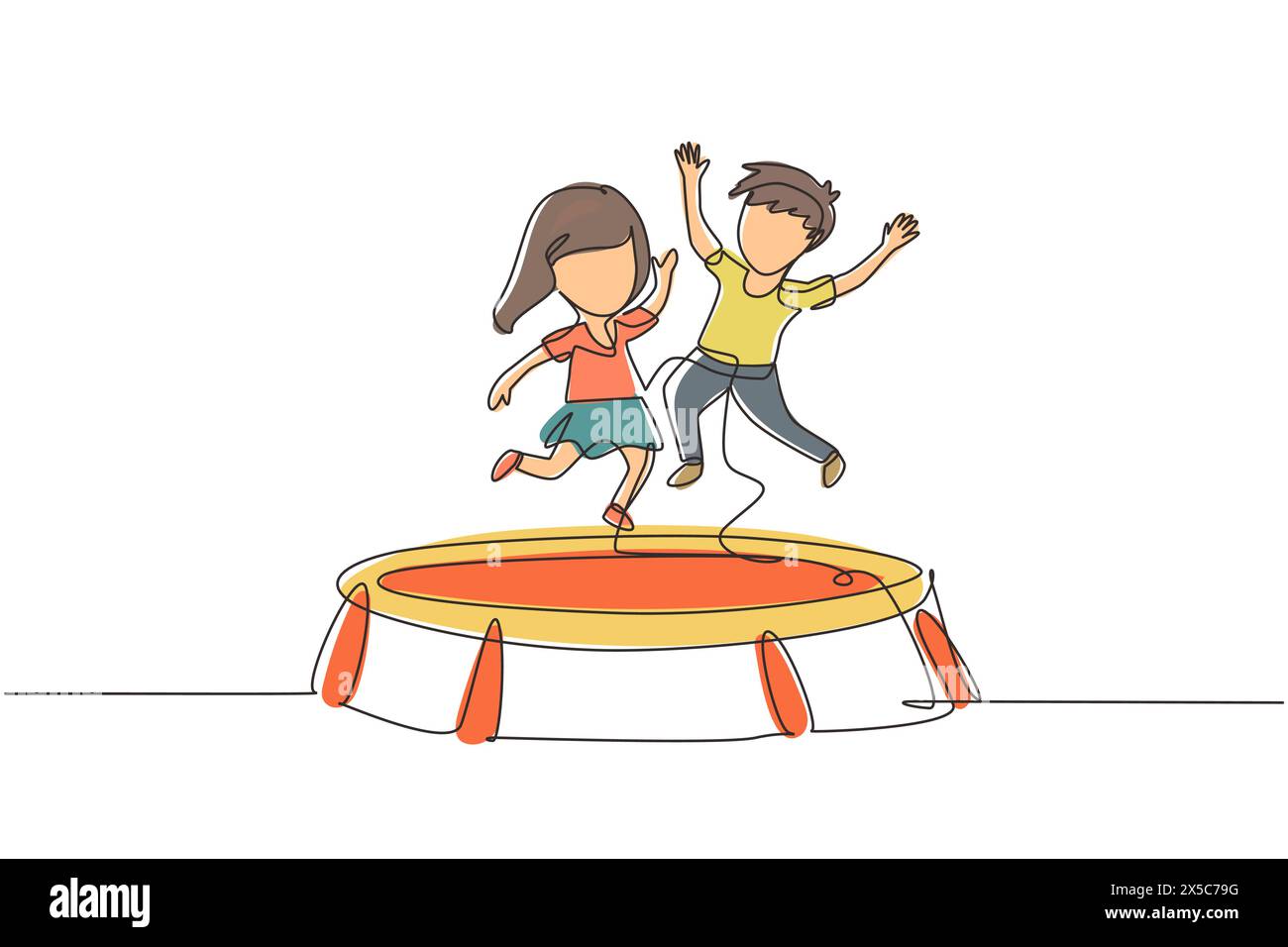 Continuous one line drawing happy girl and boy jumping together on ...