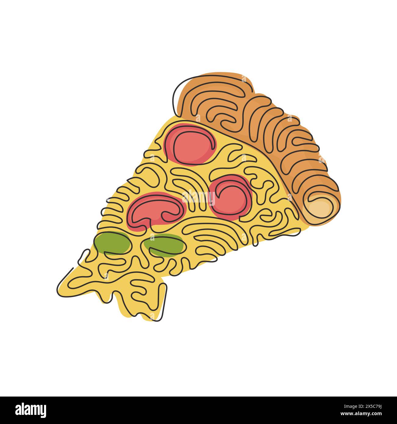 Continuous one line drawing slice of pizza with tomatoes, lettuce ...