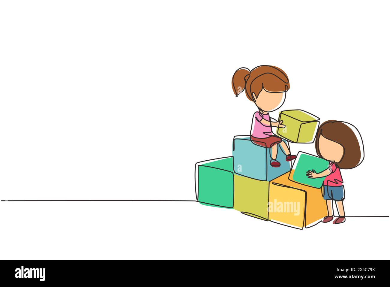 Continuous one line drawing two little girls playing blocks cube toys ...