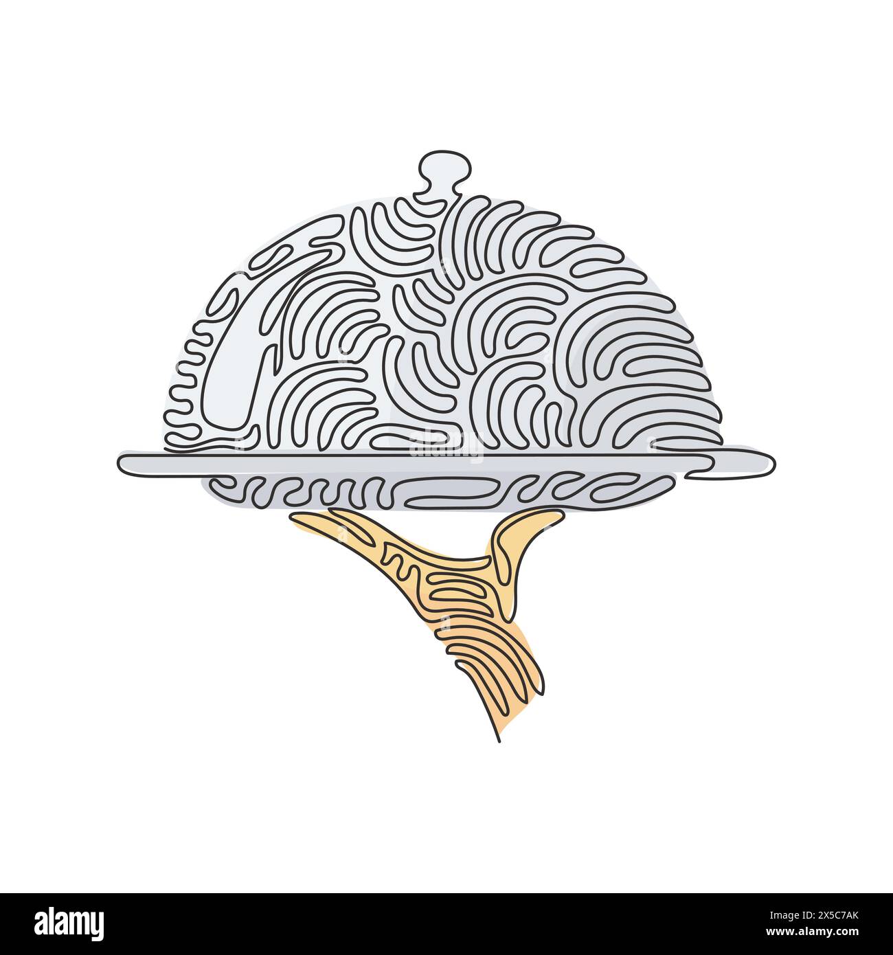 Single one line drawing tray on hand. Hand of waiter holding silver ...