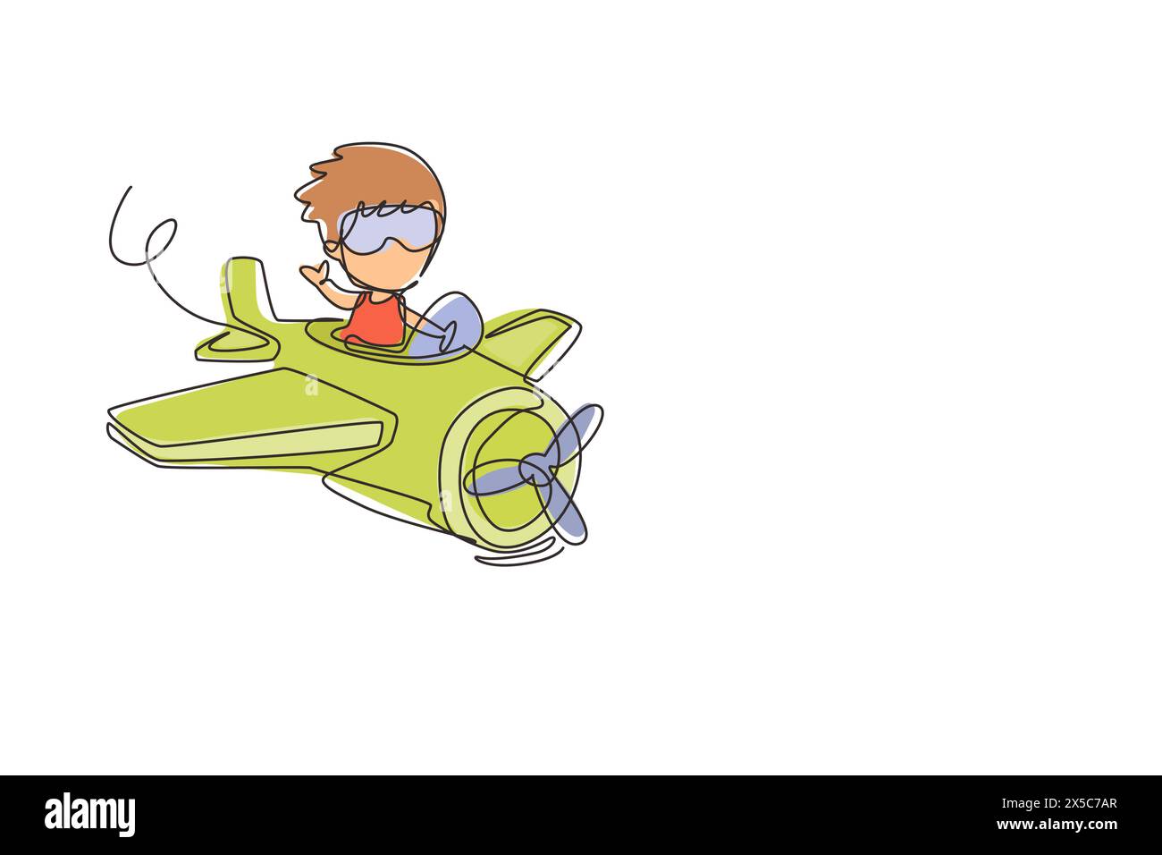 Continuous one line drawing little boy operating plane. Kids flying in ...