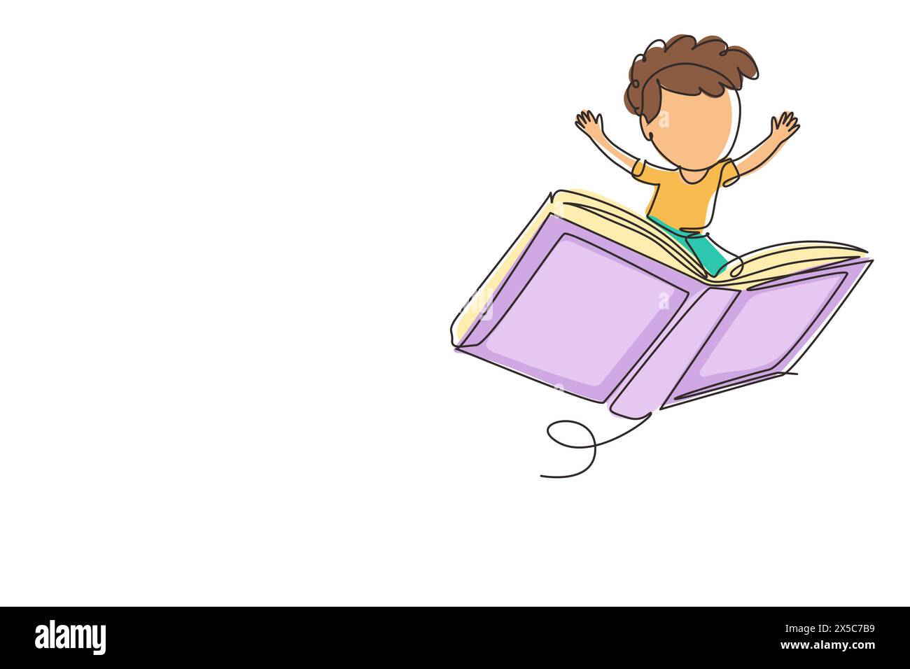 Continuous one line drawing happy smiling preschooler kid boy flying on ...