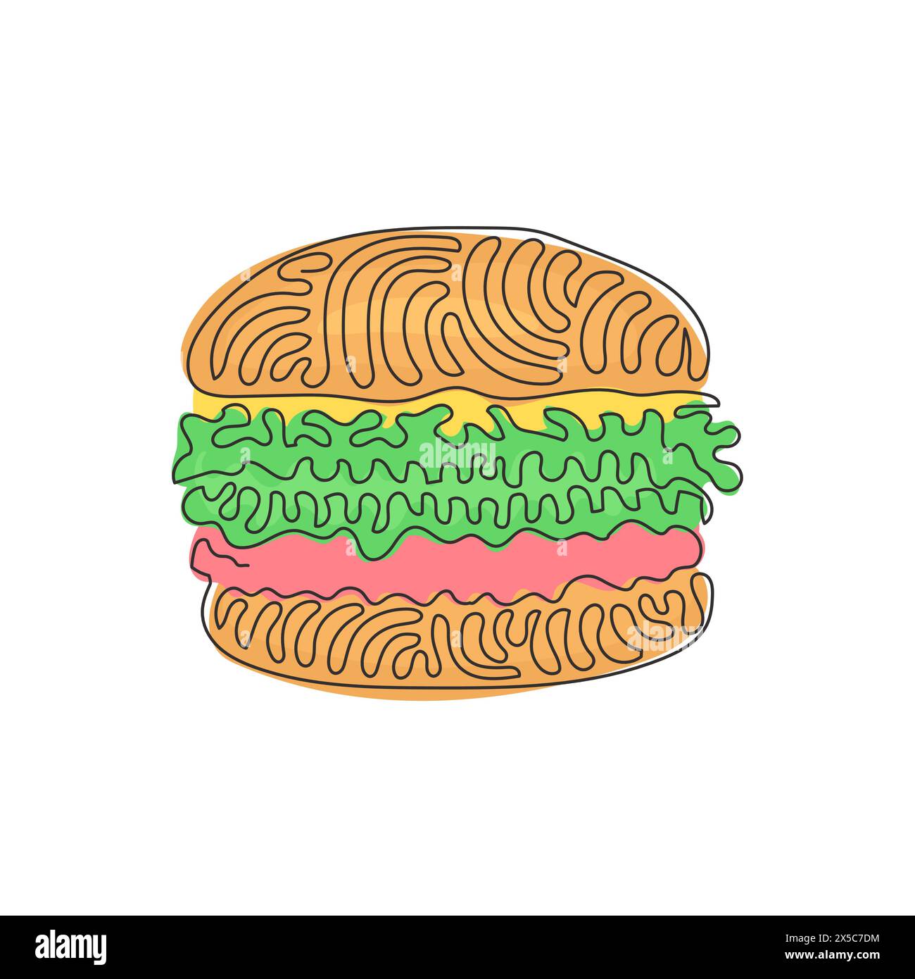 Single one line drawing hamburger, cheeseburger. Bun with cutlet ...