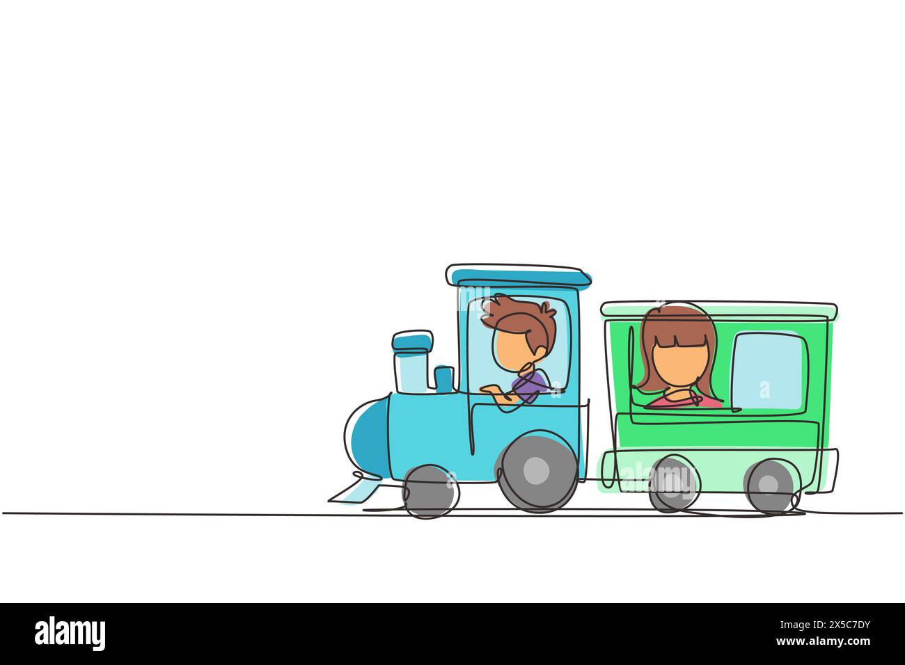 Single continuous line drawing cheerful boy and girl riding on train at ...