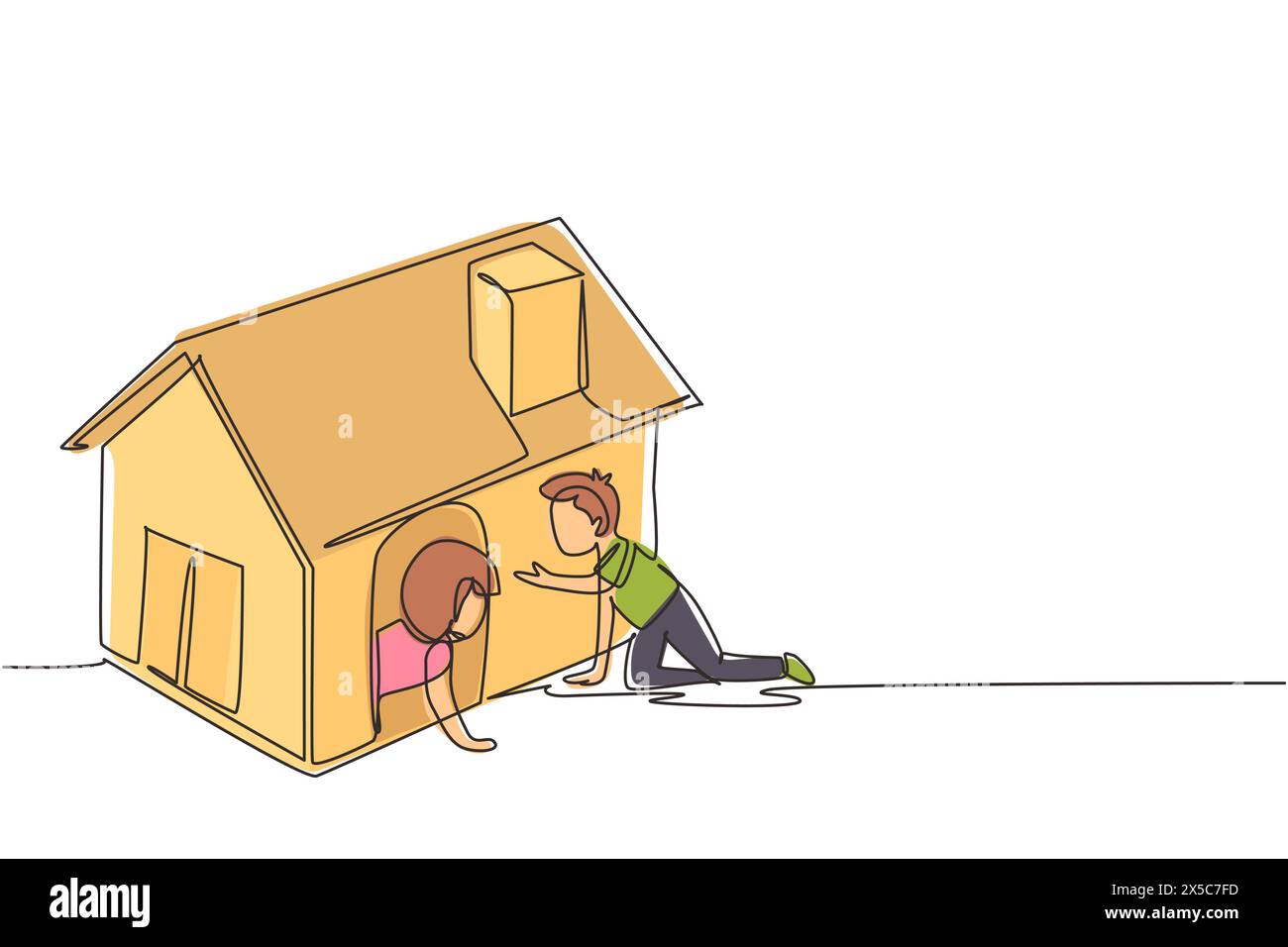 Continuous one line drawing kids playing cardboard box toy house ...