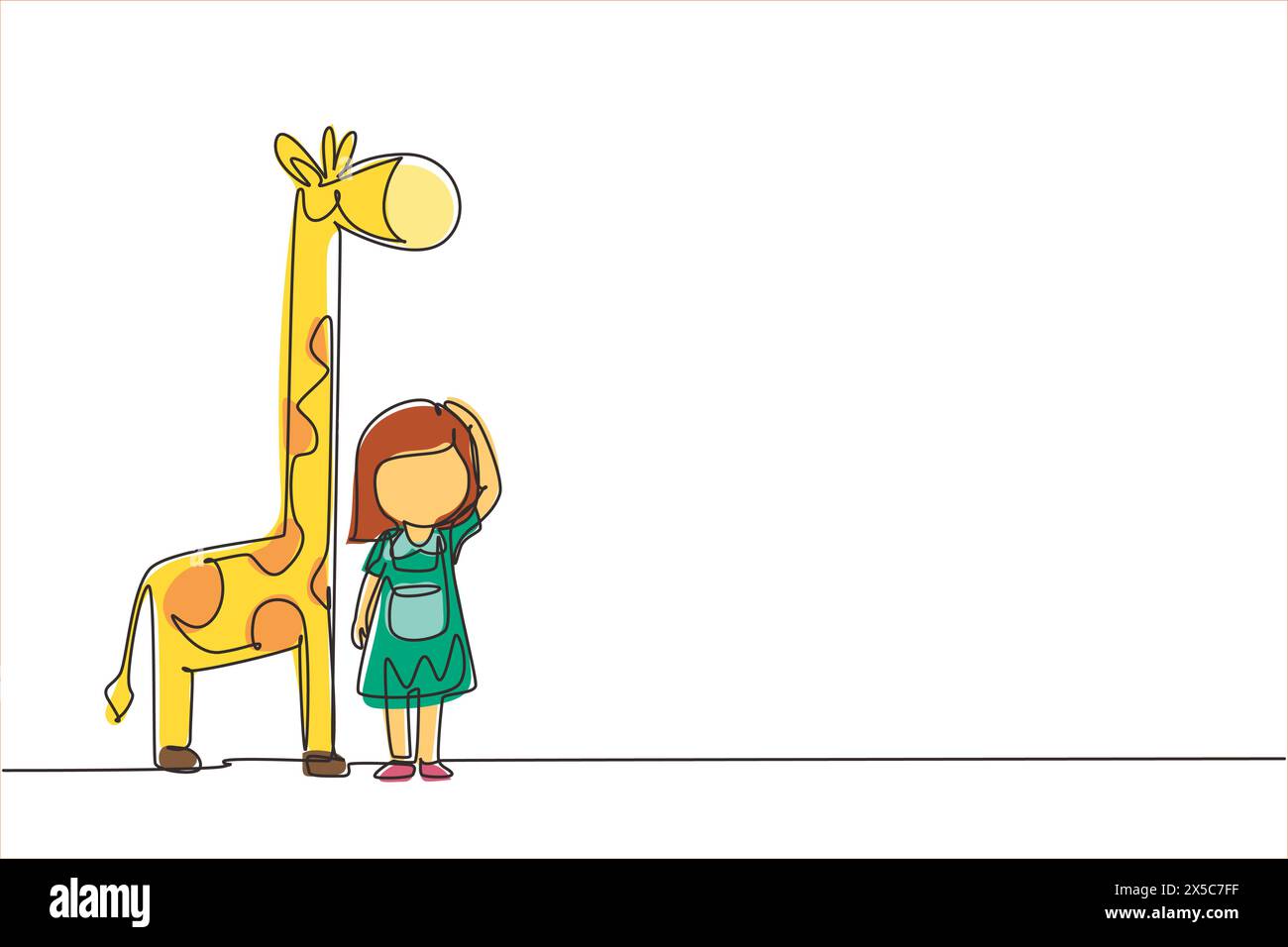 Continuous one line drawing little girl measuring her height with ...