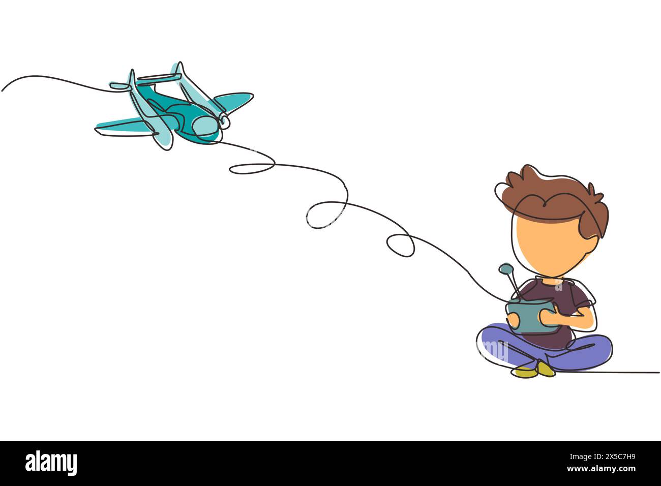 Single one line drawing boy playing with remote-controlled toy airplane ...