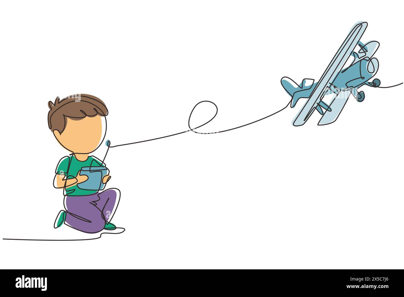 Single one line drawing boy playing with radio control airplane ...