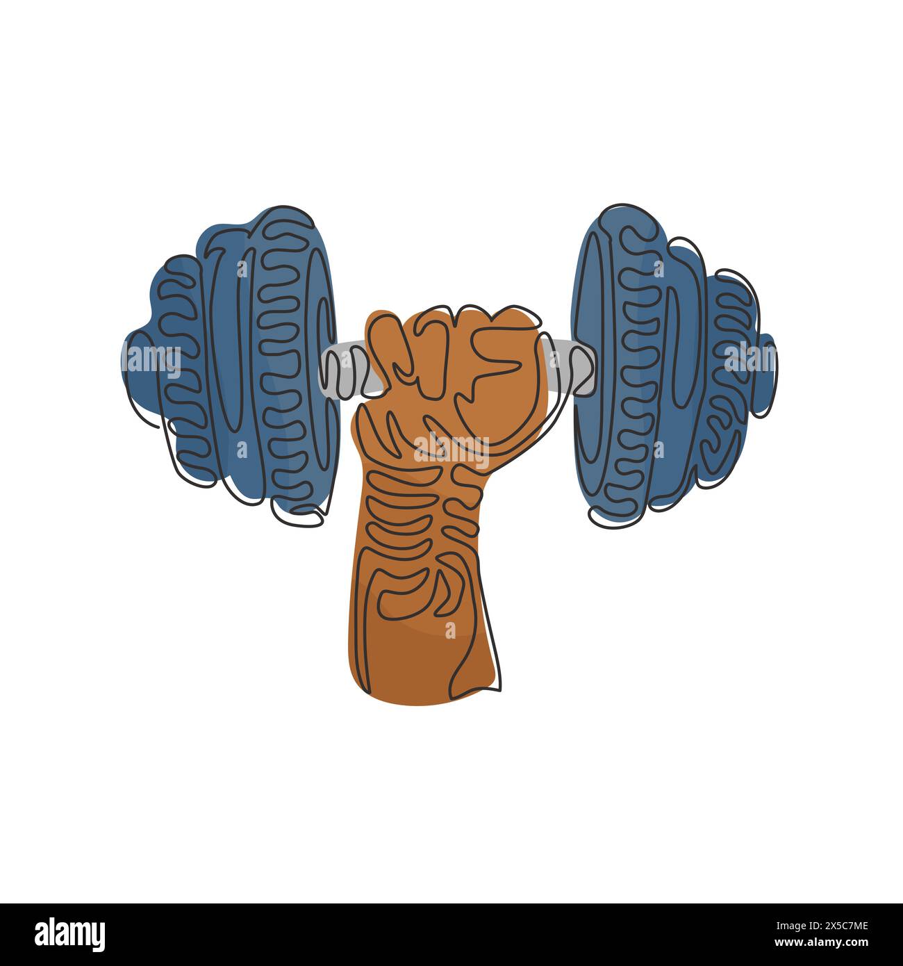 Continuous one line drawing athletic sportsman arm holding dumbbell. Fitness workout. Barbell ...