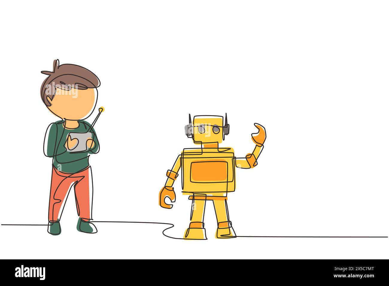 Single one line drawing boy playing with remote-controlled robot toy ...