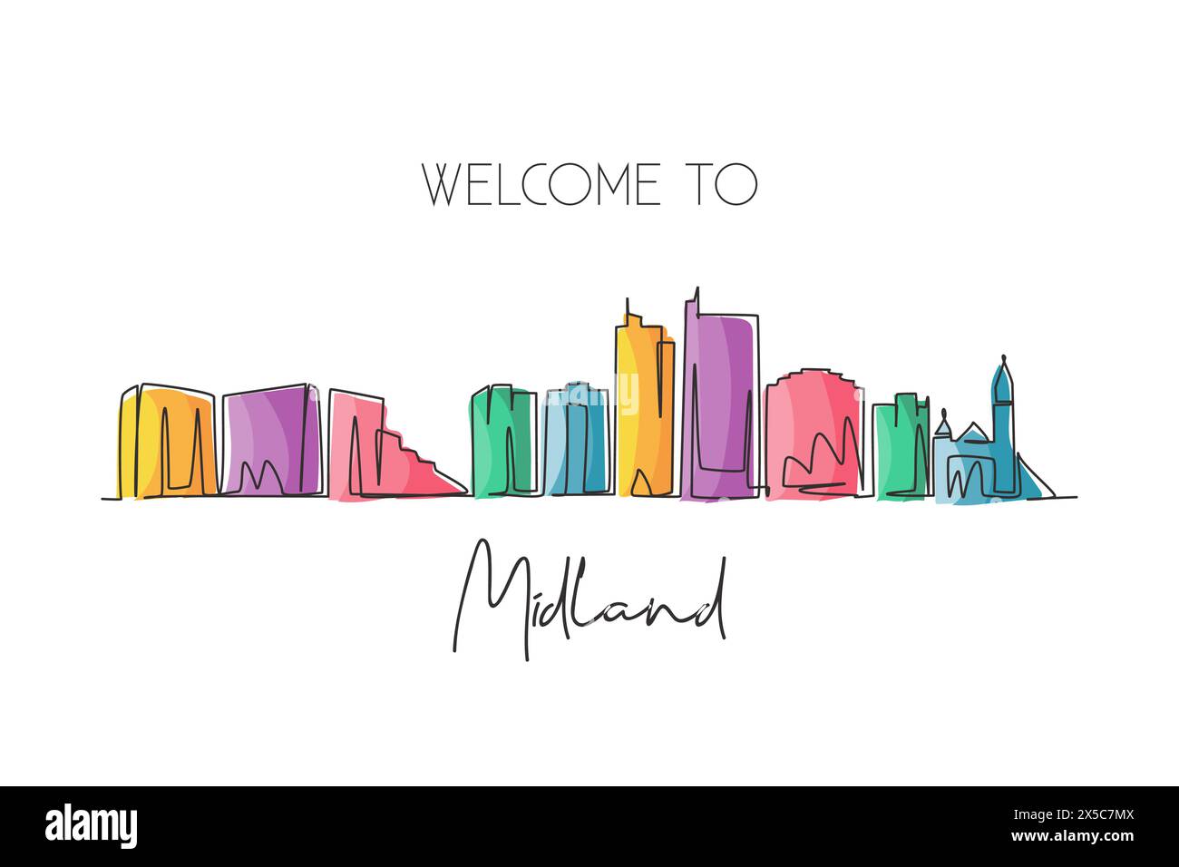 Single one line drawing Midland city skyline, Texas. World historical ...