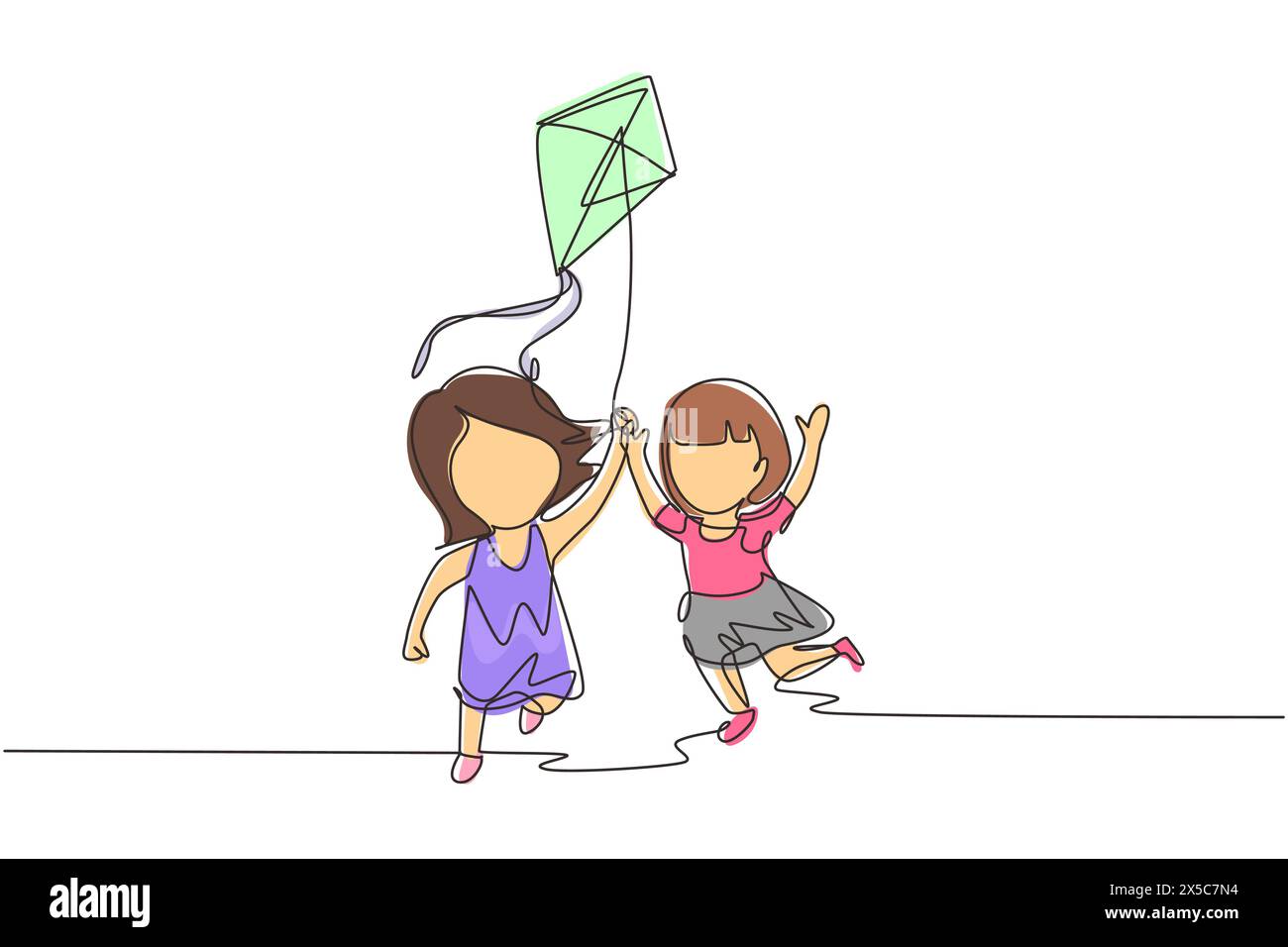 Single one line drawing two girl playing to fly kite up into sky at ...
