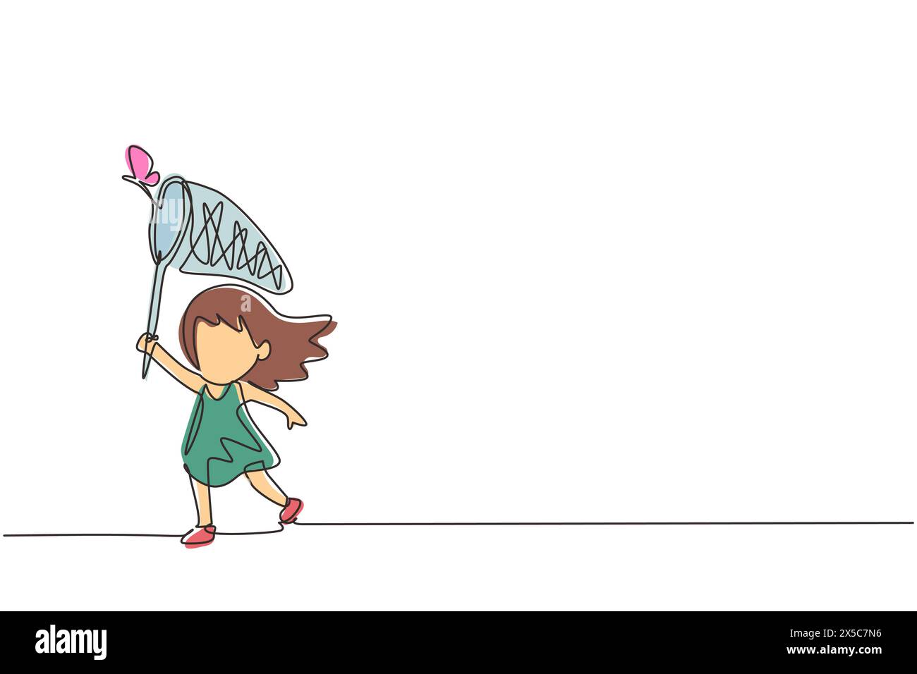 Single one line drawing cute little girl catches butterfly. Happy child ...