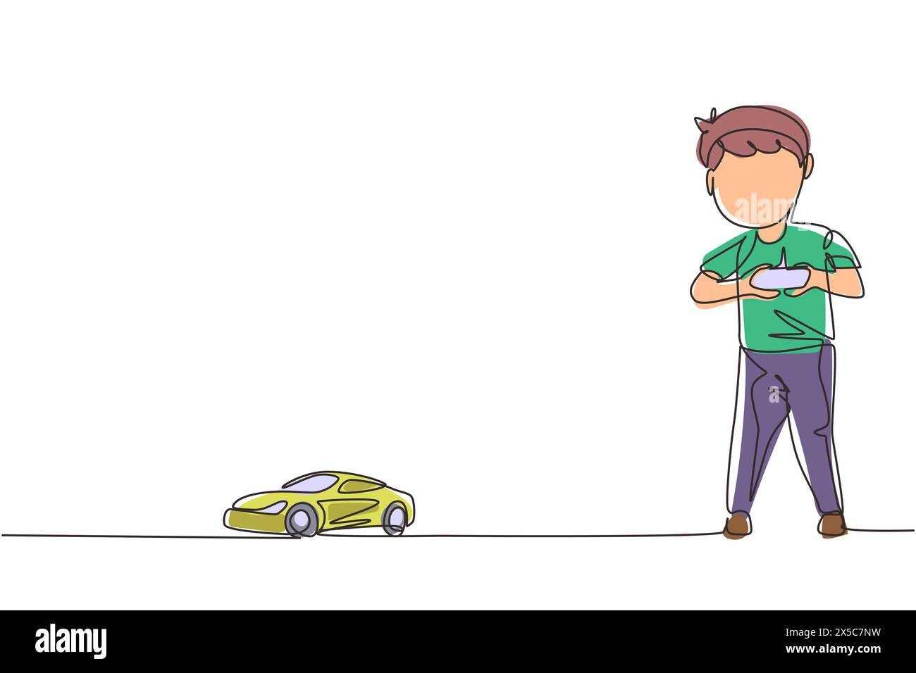 Single continuous line drawing little boy playing with remote ...