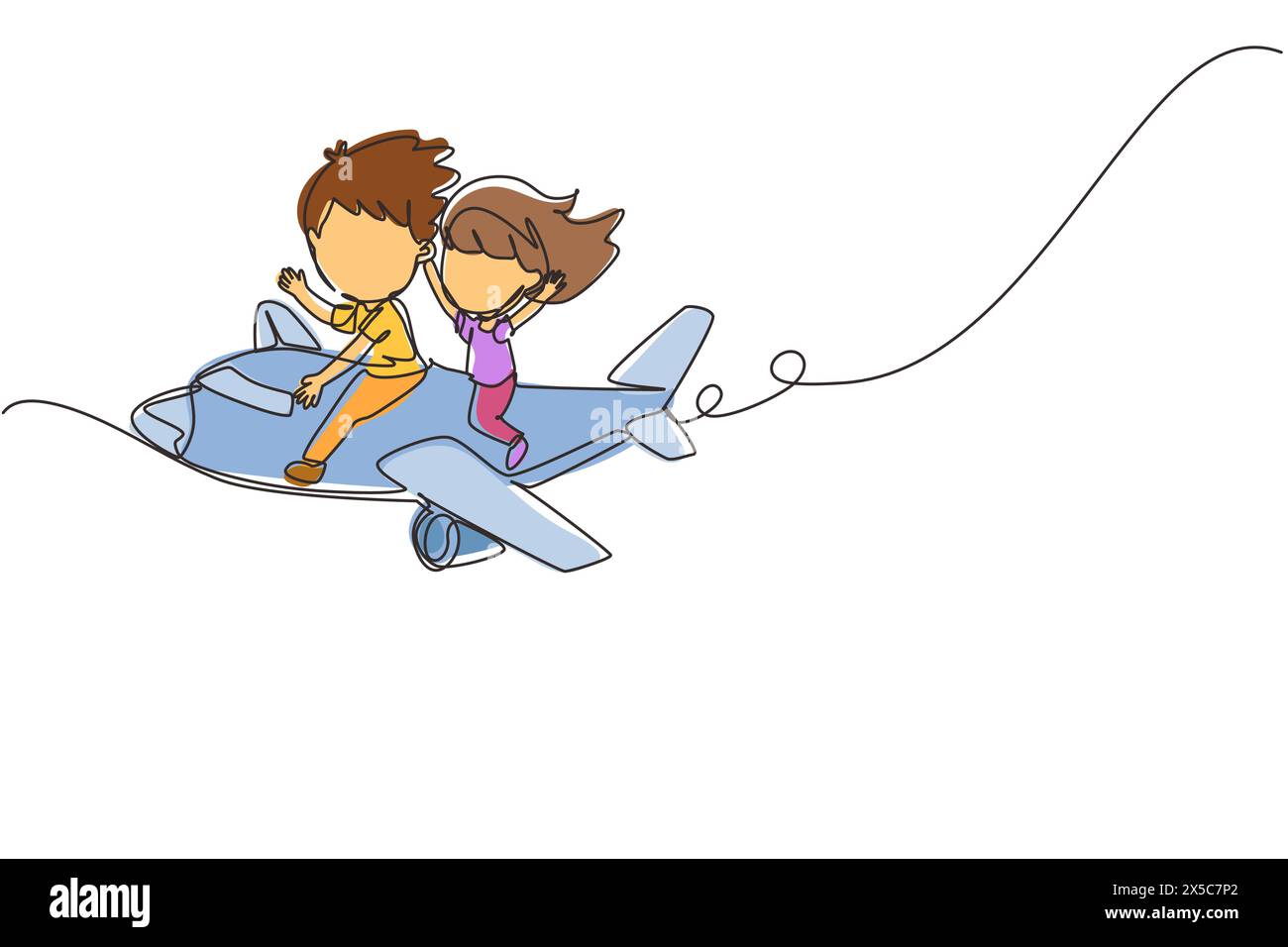Single continuous line drawing little boys and girls riding plane ...