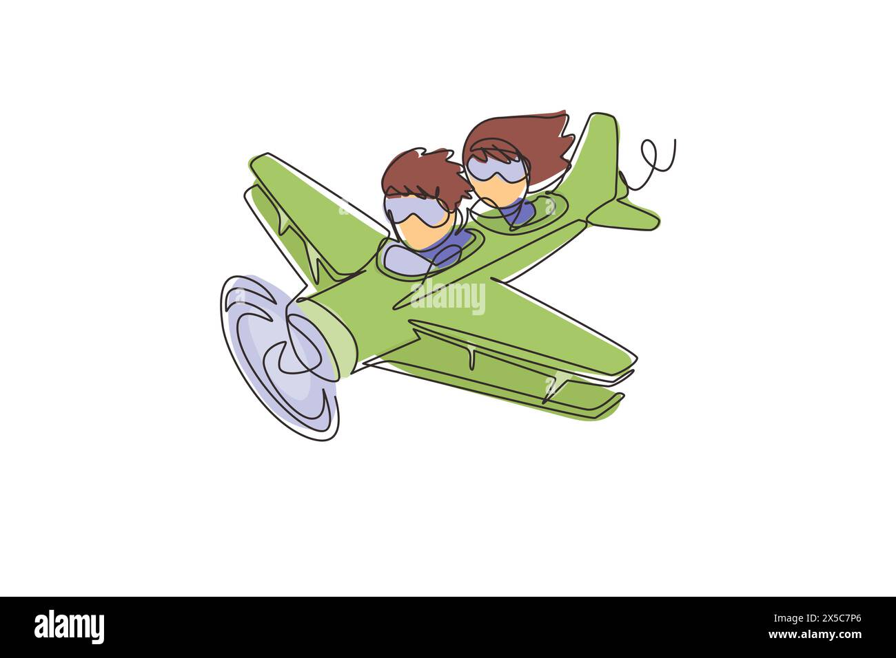 Continuous one line drawing little boy operating plane and a girl as ...