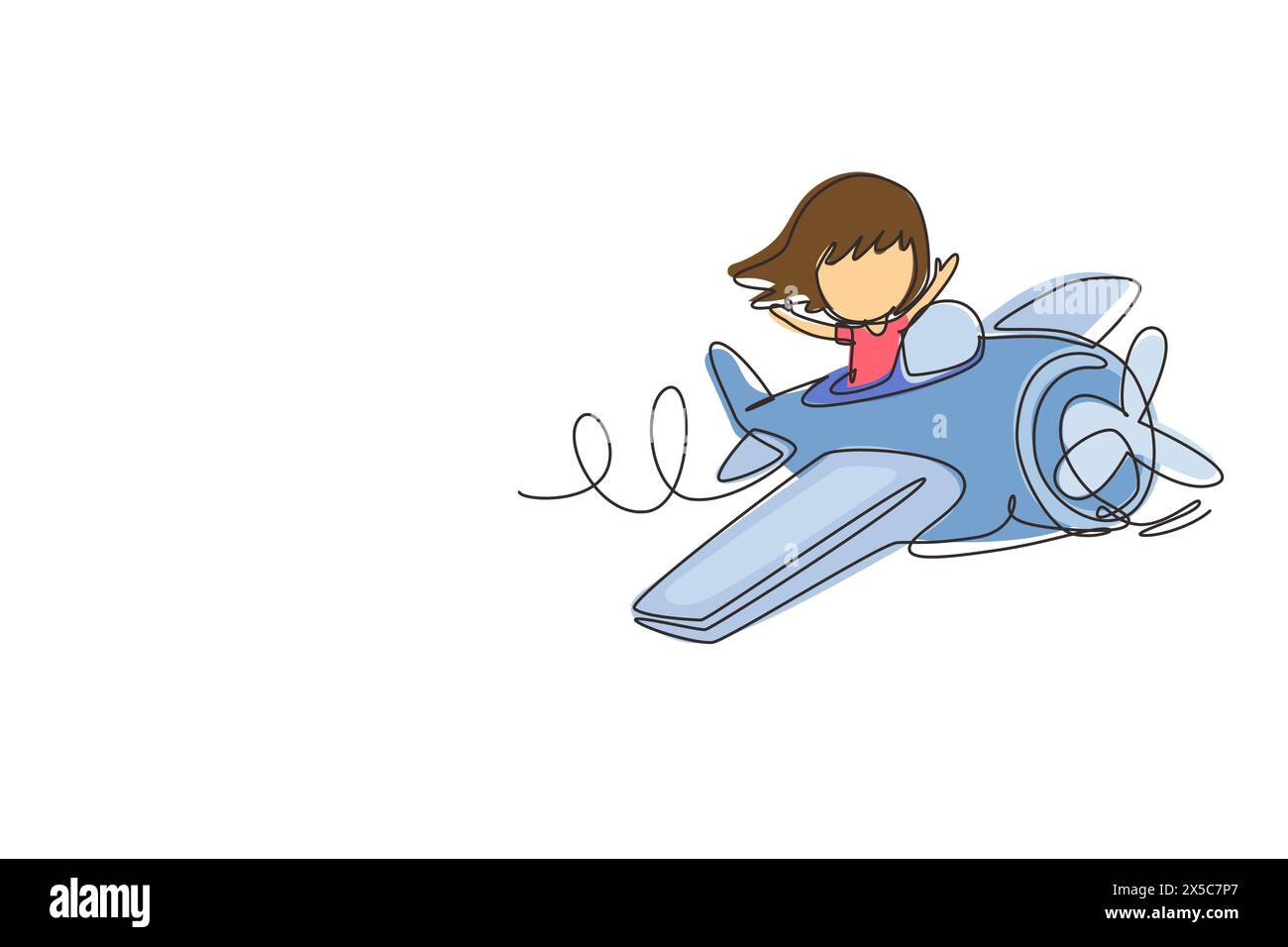 Single one line drawing little girl operating plane. Kids flying in ...