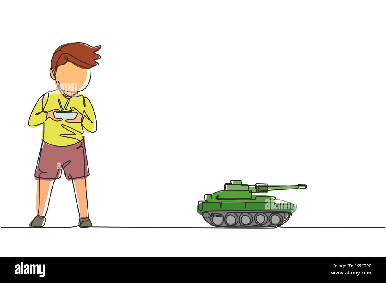 Single one line drawing boy playing with remote-controlled toy battle ...