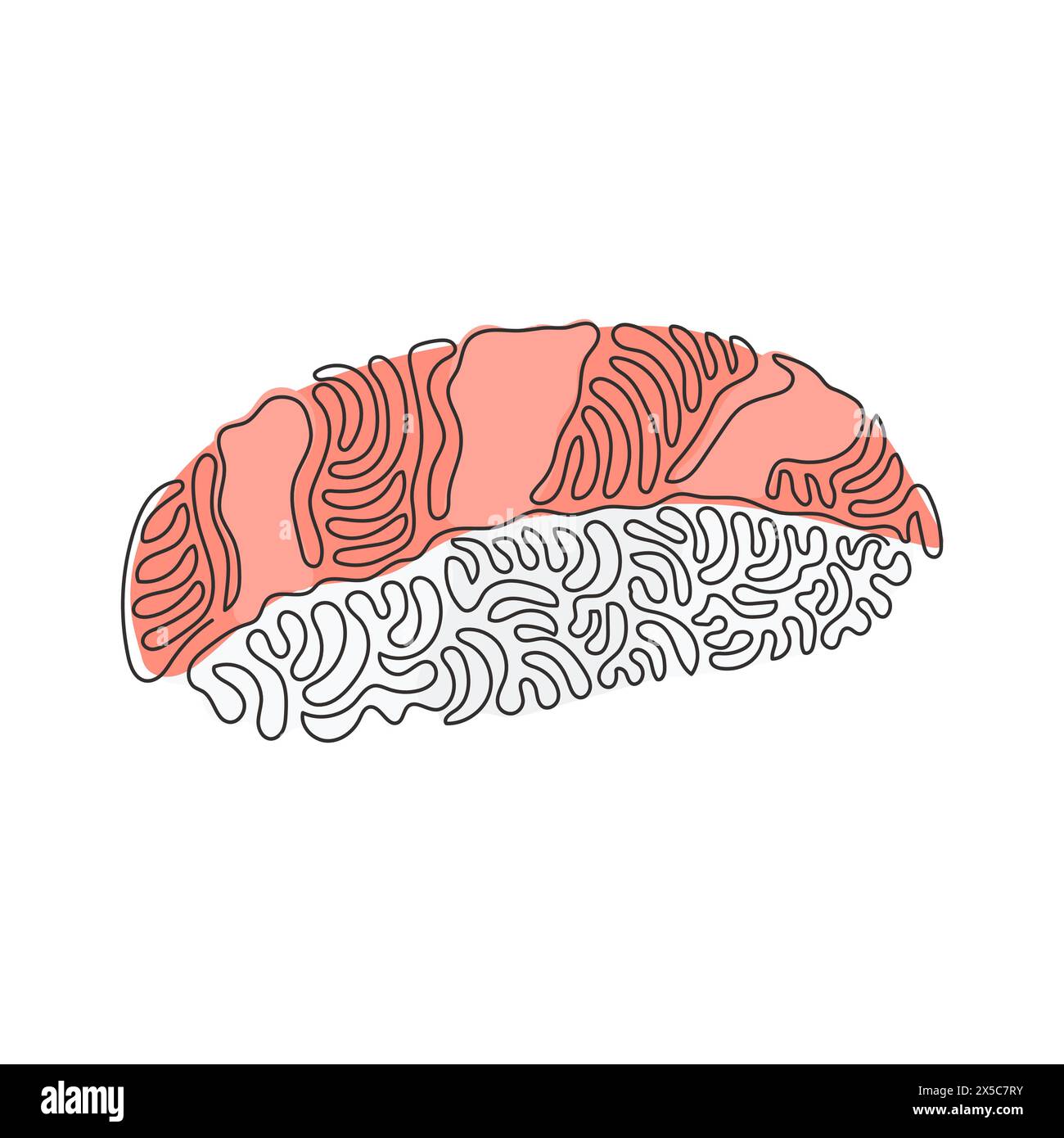 Single one line drawing traditional Japanese sushi, raw tuna slice or ...