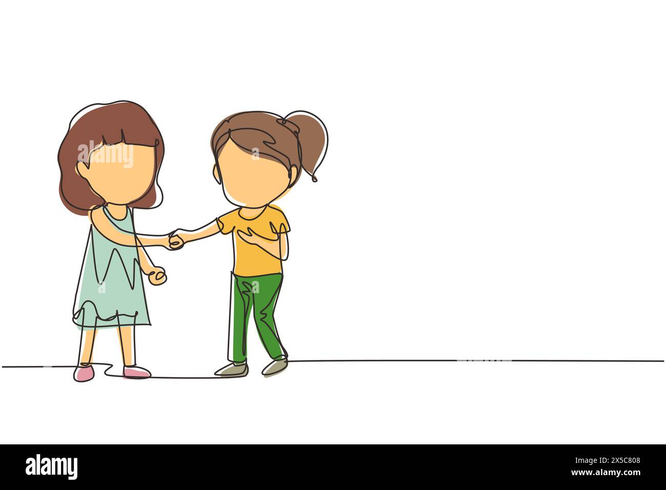Single one line drawing girls standing and shaking hands making ...