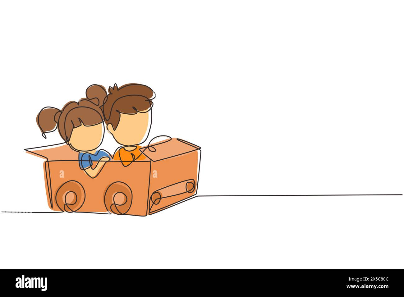 Single one line drawing boy and girl driving with cardboard car. Happy ...