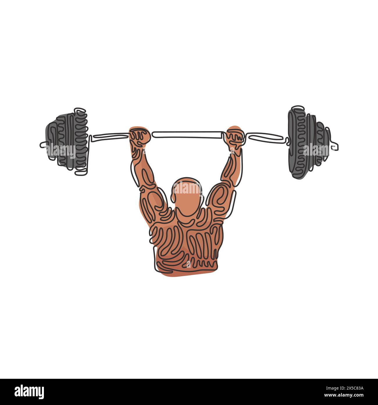 Single one line drawing Bodybuilder Fitness Model with barbell. Fitness logo badge with muscle ...