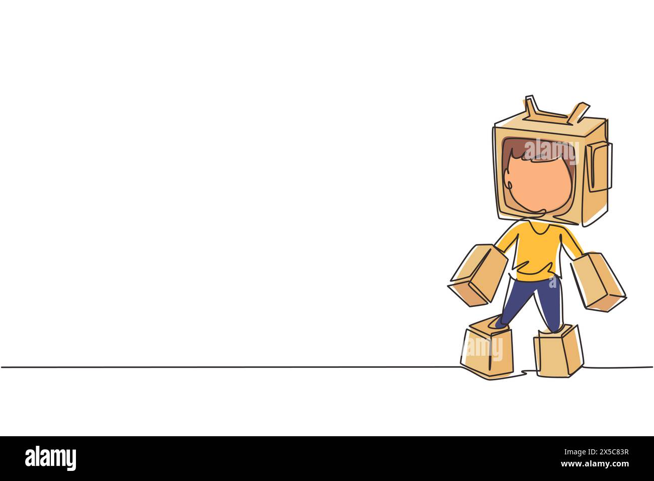 Continuous one line drawing cute boy play cardboard battle robot suit ...