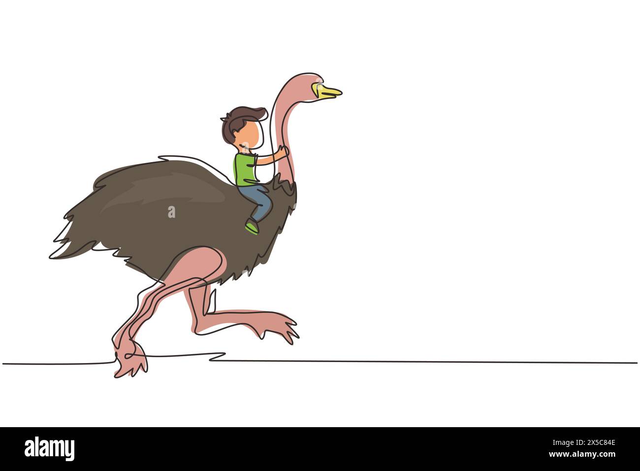 Single continuous line drawing happy little boy riding cute ostrich ...