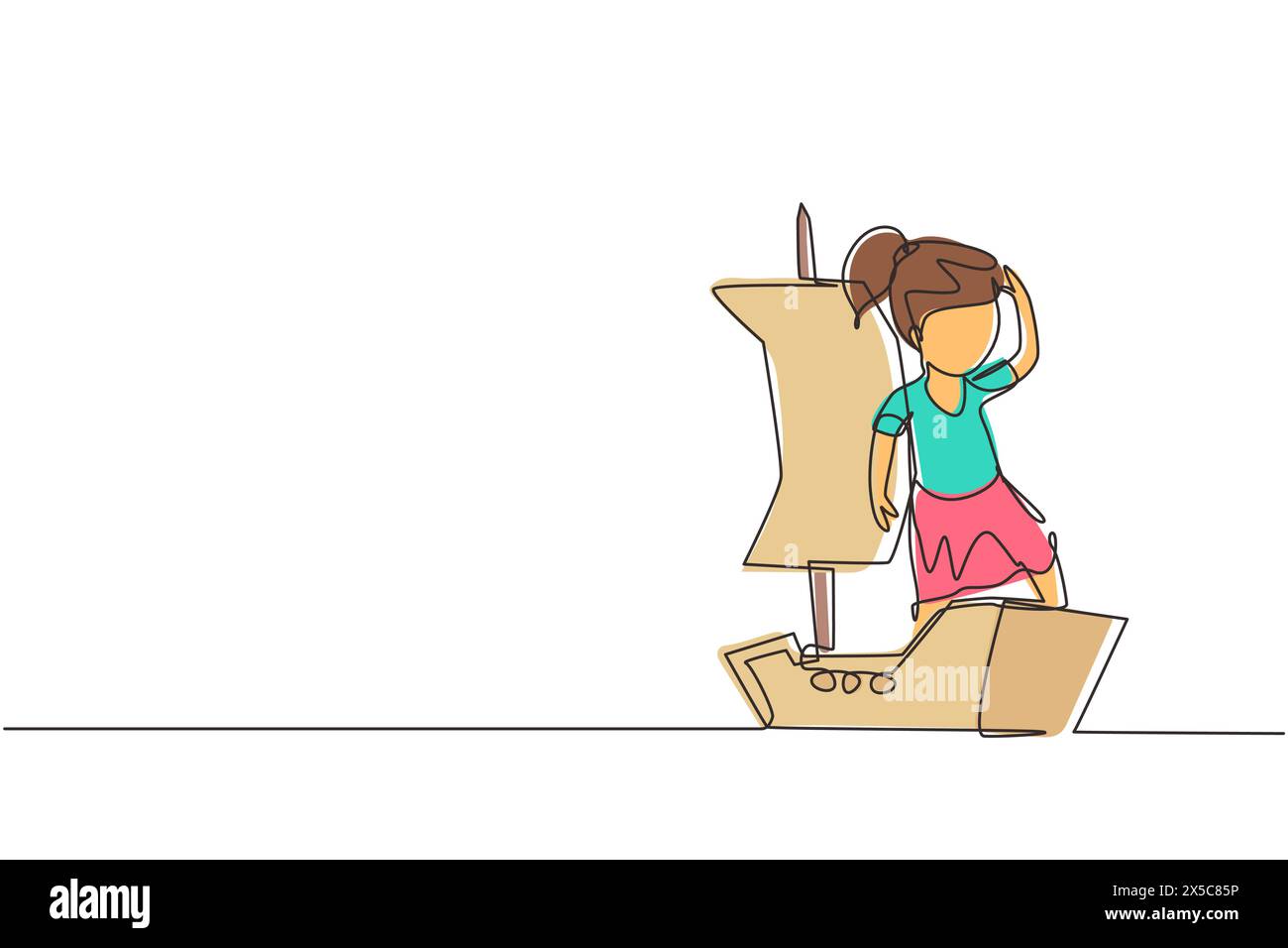 Single continuous line drawing little girl playing sailor with boat ...
