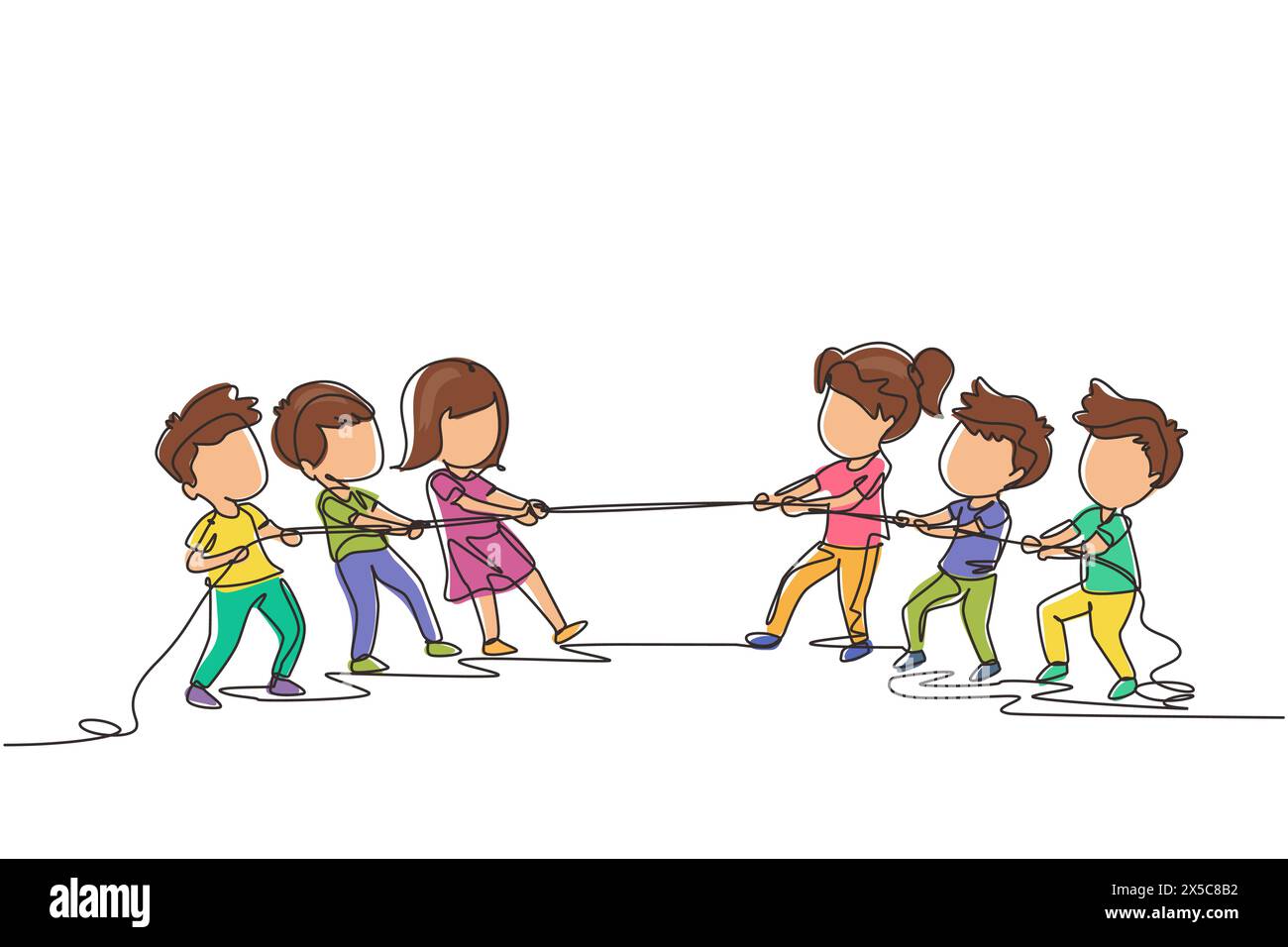 Continuous one line drawing group of children playing tug of war. Kids ...