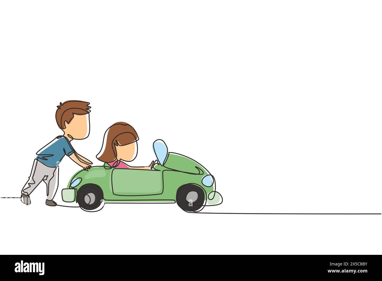 Continuous one line drawing a boy is pushing his friend's car in the ...