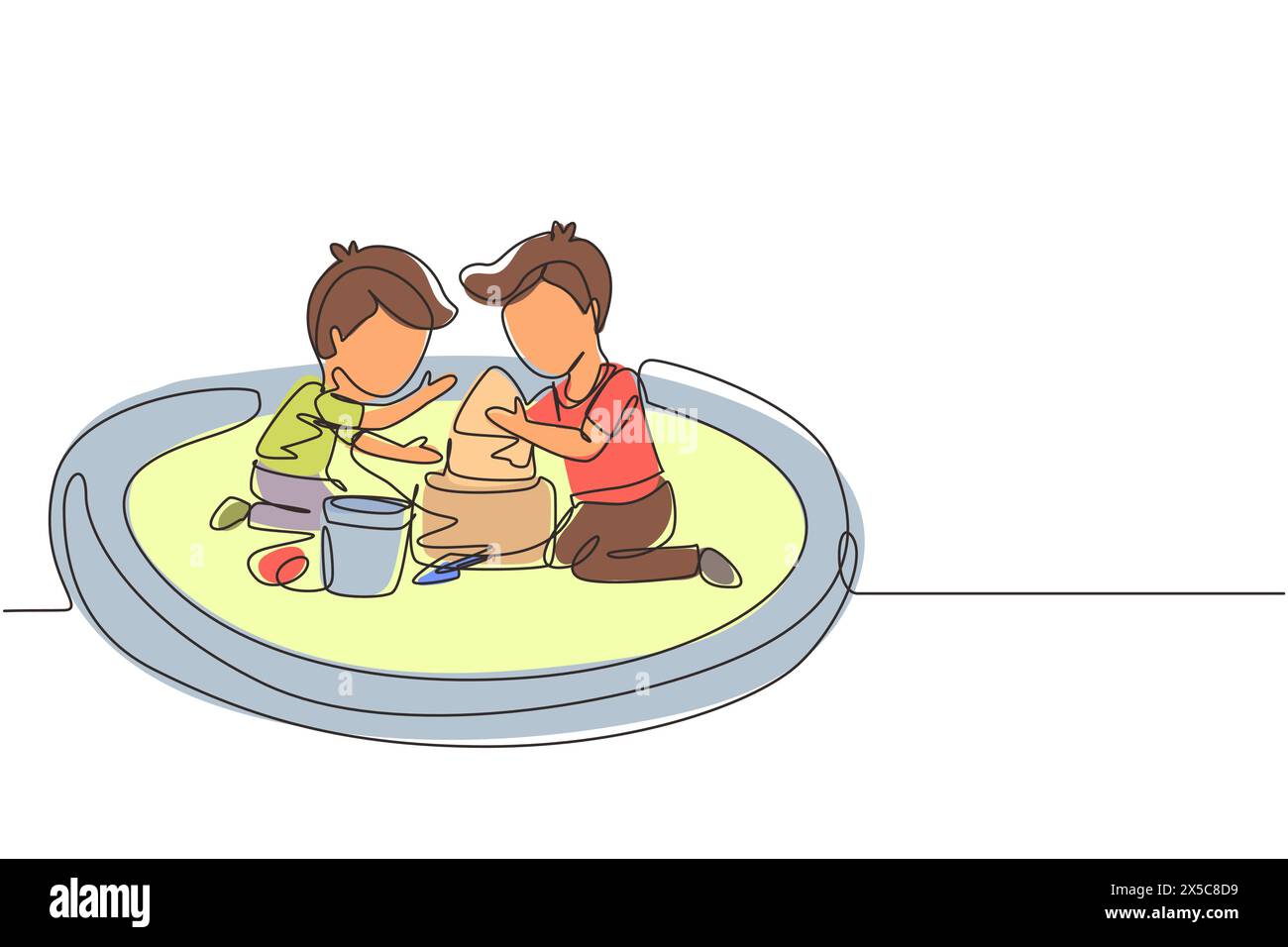 Single continuous line drawing two little boys build sandcastle ...