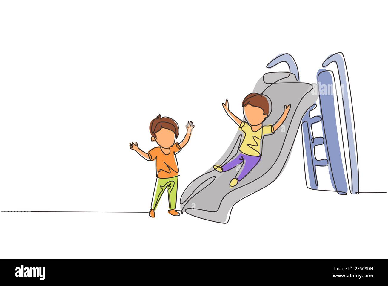 Continuous one line drawing smiling preschool boy sliding down slide ...