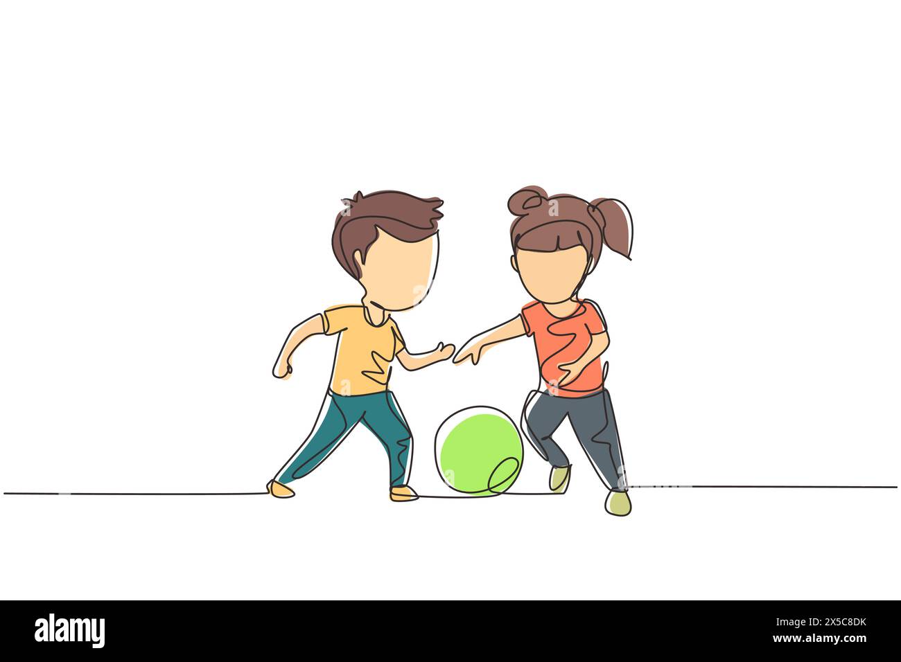 Continuous one line drawing boy and girl playing football together. Two ...