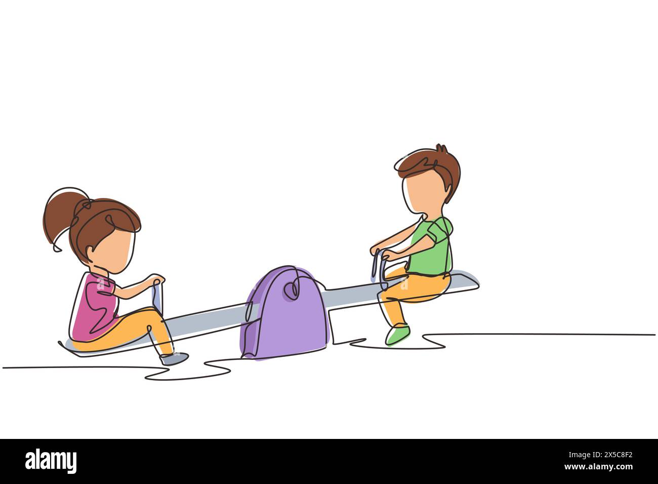 Single continuous line drawing boy and girl of preschool swinging on ...