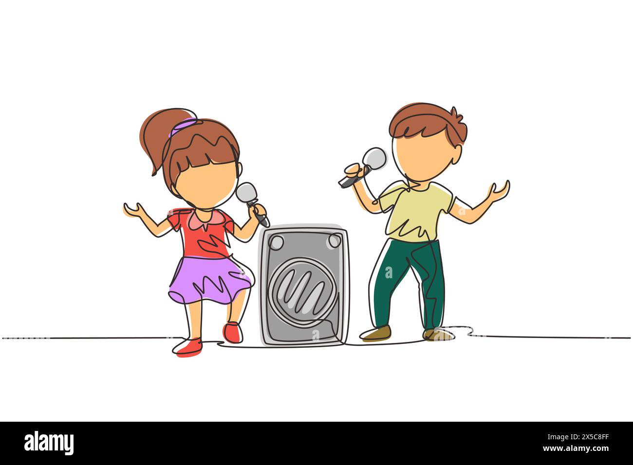 Single one line drawing little boy and girl sing a song together. Good ...