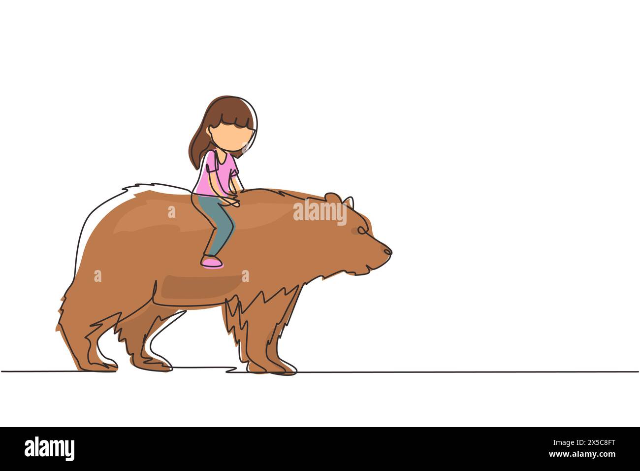 Single one line drawing happy little girl riding brown grizzly bear ...