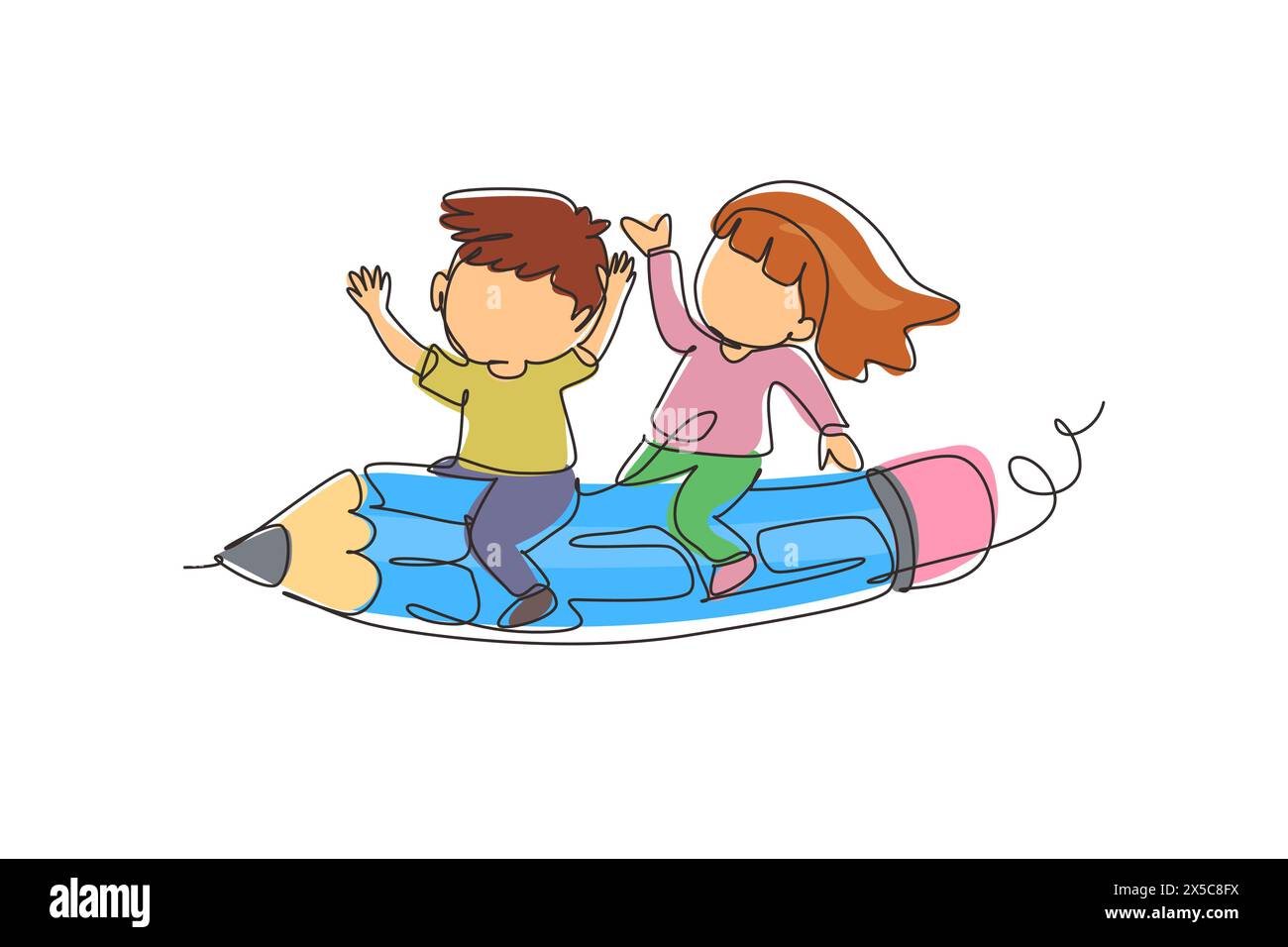 Continuous one line drawing happy school kids riding flying pencil, get ...