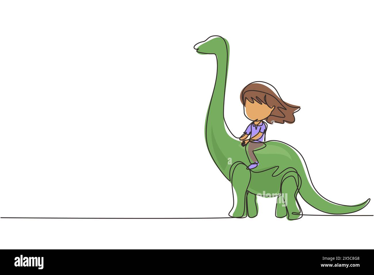 Single continuous line drawing little girl caveman riding brontosaurus ...