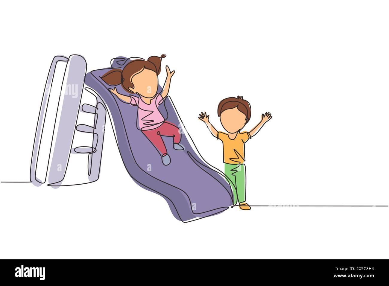 Single one line drawing preschool kids playing together in kindergarten ...