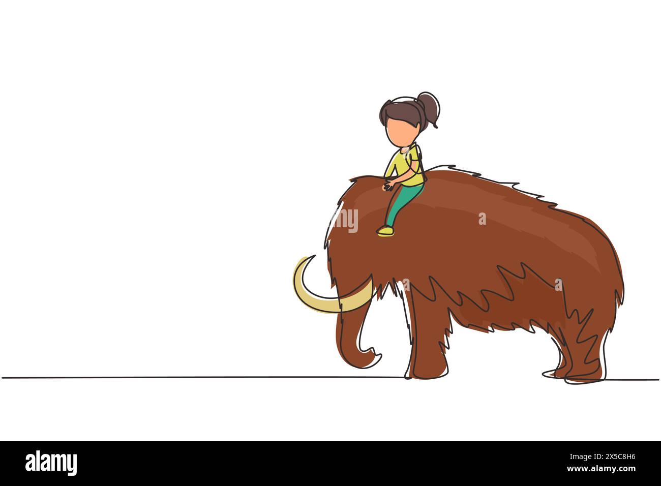 Single continuous line drawing little girl caveman riding woolly ...