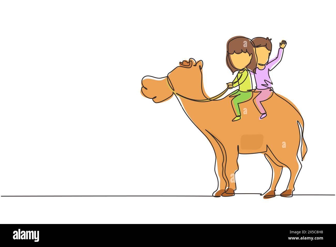 Single one line drawing happy little boy and girl riding camel together ...