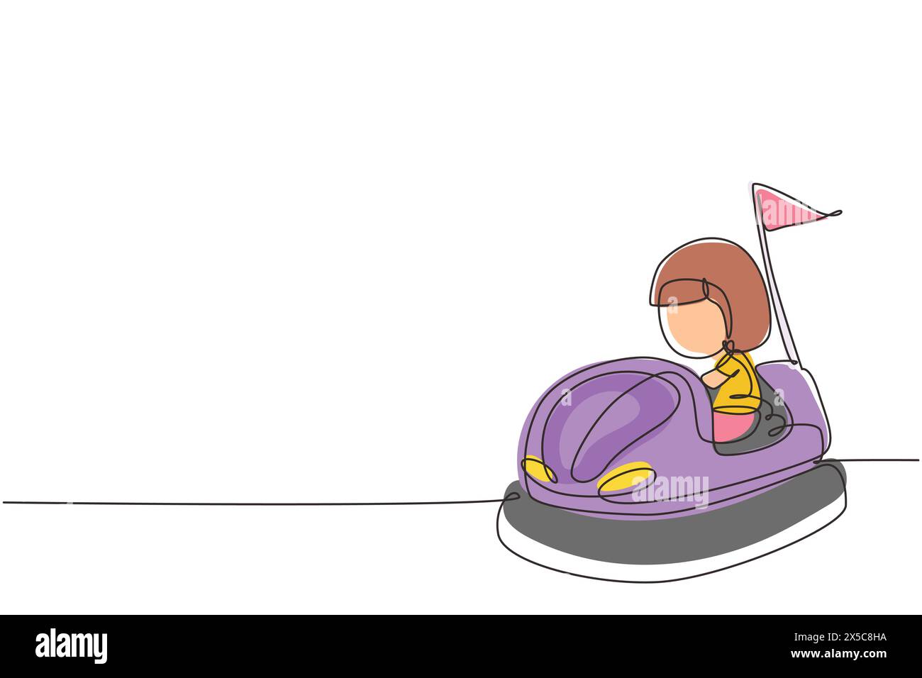 Single continuous line drawing cute little girl riding in bump car ...